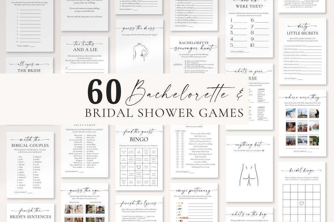 Minimalist Bridal Shower Games Bundle: 60 Printable Games (canva ...