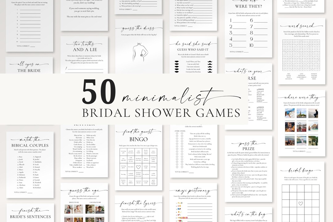 50 Bridal Shower Games Bundle: Modern Minimalist Design (printable ...