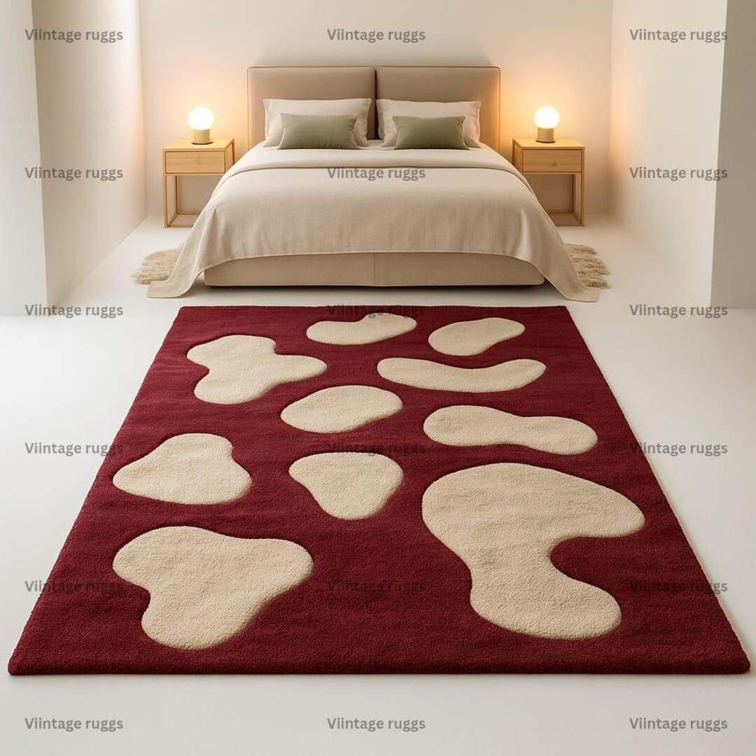 Hand Tufted Wool Rug 6x9 Ft: Red Cream Abstract Modern Carpet - Etsy