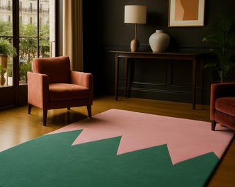 Pink and Green Abstract Wool Rug, Handmade Geometric Carpet - Etsy