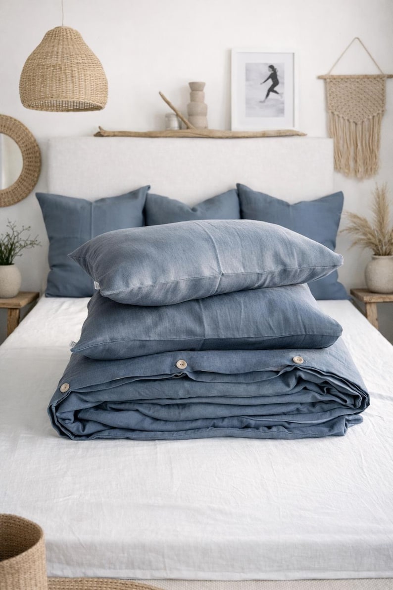 Linen Bedding Set in Dusty Blue. 3 Piece Set: 2 Pillowcases & Duvet ...