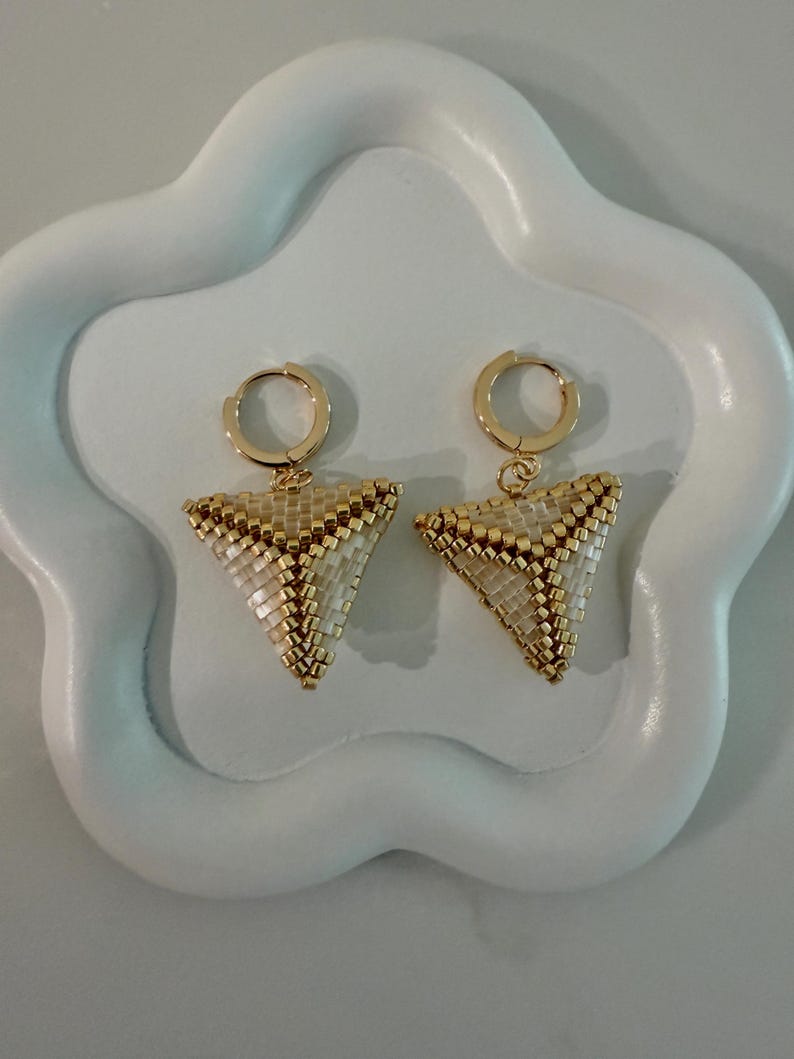 Miyuki Delica Bead Triangle Earrings: Gold & Crystal Geometric Design ...