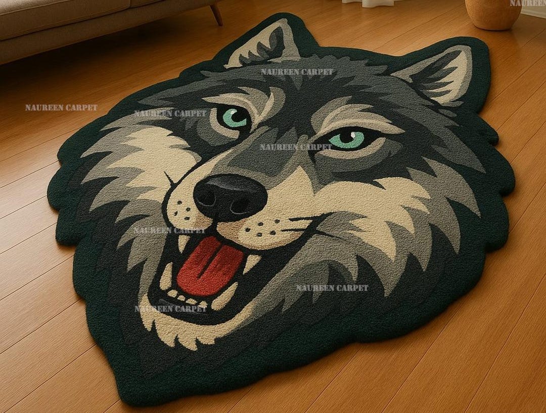 Hand-tufted Wolf Head Rug | Wool Blend Animal Carpet Children Bedroom ...