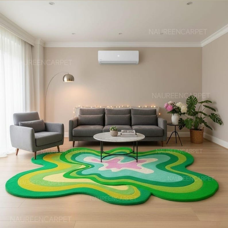 Mid Century Wavy Rug, Green and Pink Irregular Shape Rug for Living ...