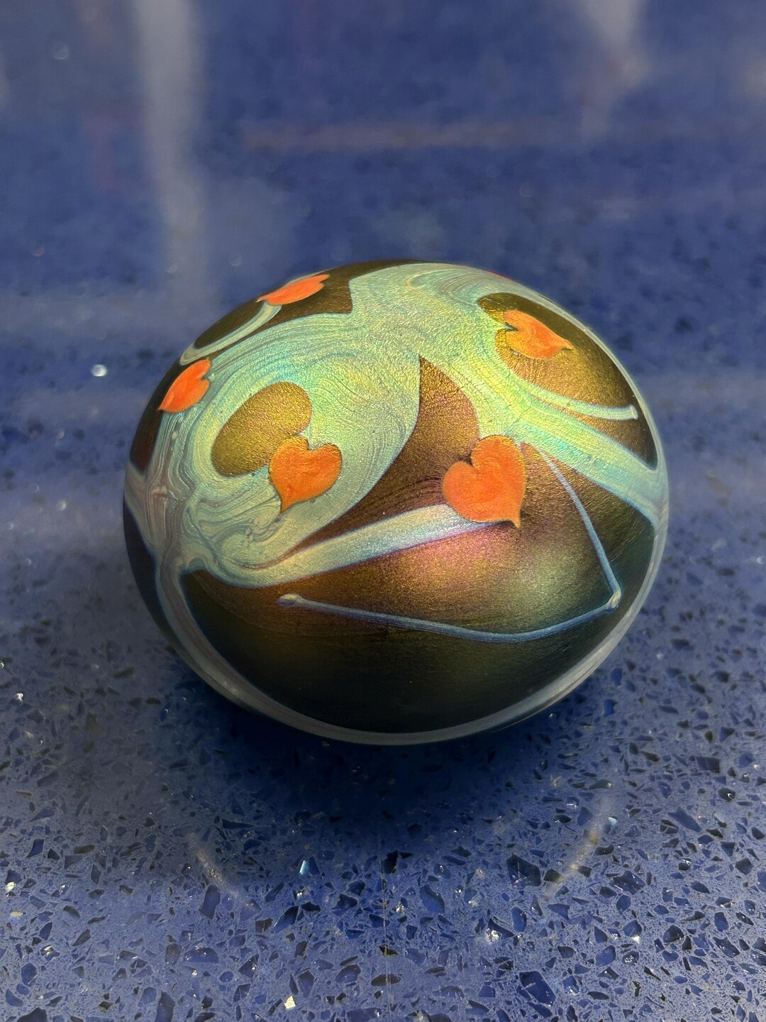 Vintage Lundberg Glass Art Paperweight, Teal & Red Hearts, Signed 1973 ...