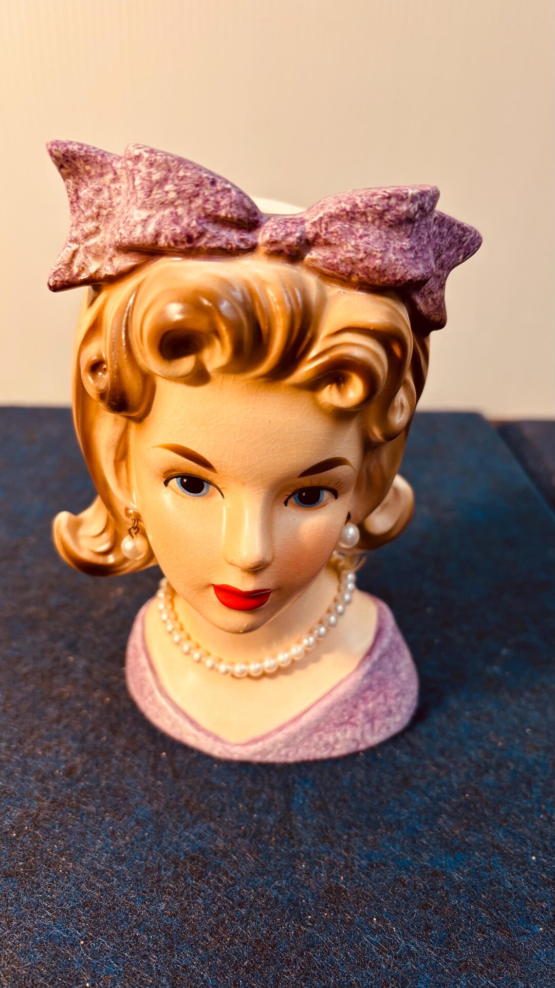 VTG Relpo K1696 Head Vase 5.5” Purple/ Lavender Bow & Dress W/ Jewelry ...