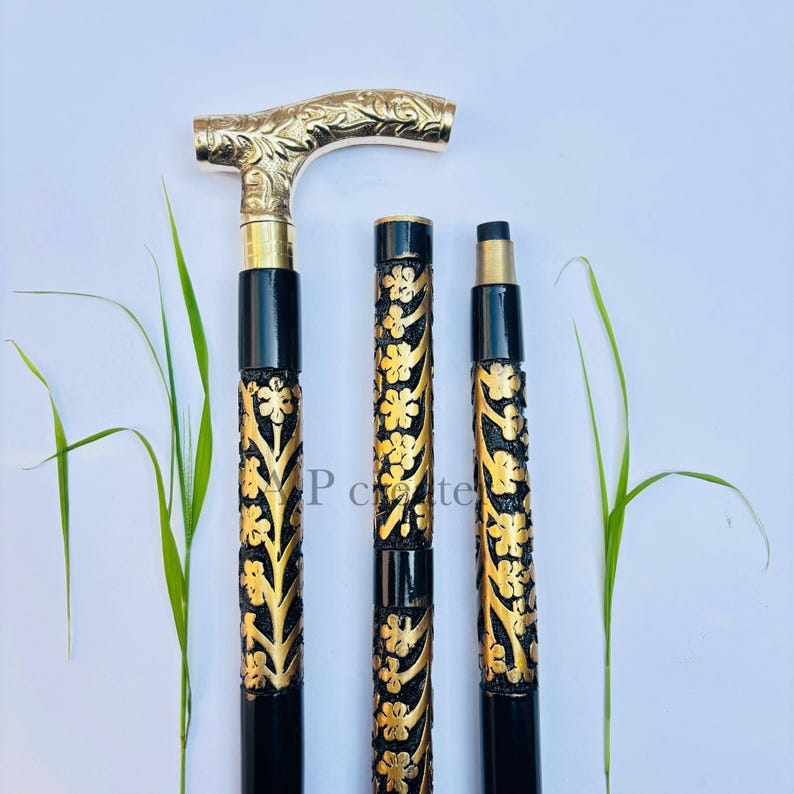 Wooden Carving Walking Stick With Brass Handle Vintage Foldable Cane ...
