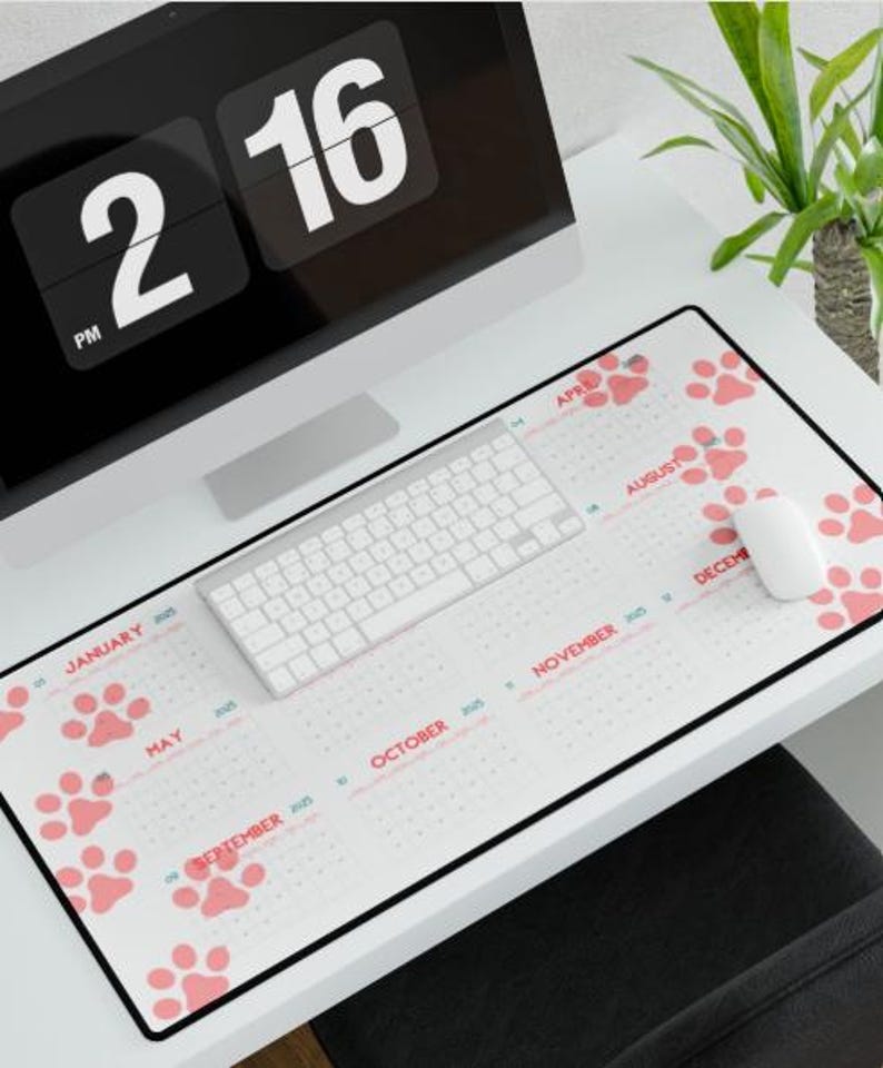 Paw Print Calendar Desk Mat With Monthly Overview, Office Decor, Pet ...