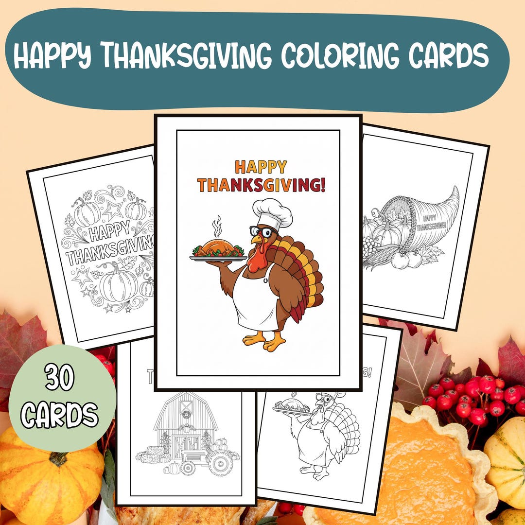 Happy Thanksgiving Coloring Cards: 30 Printable Holiday Cards (PDF) - Etsy