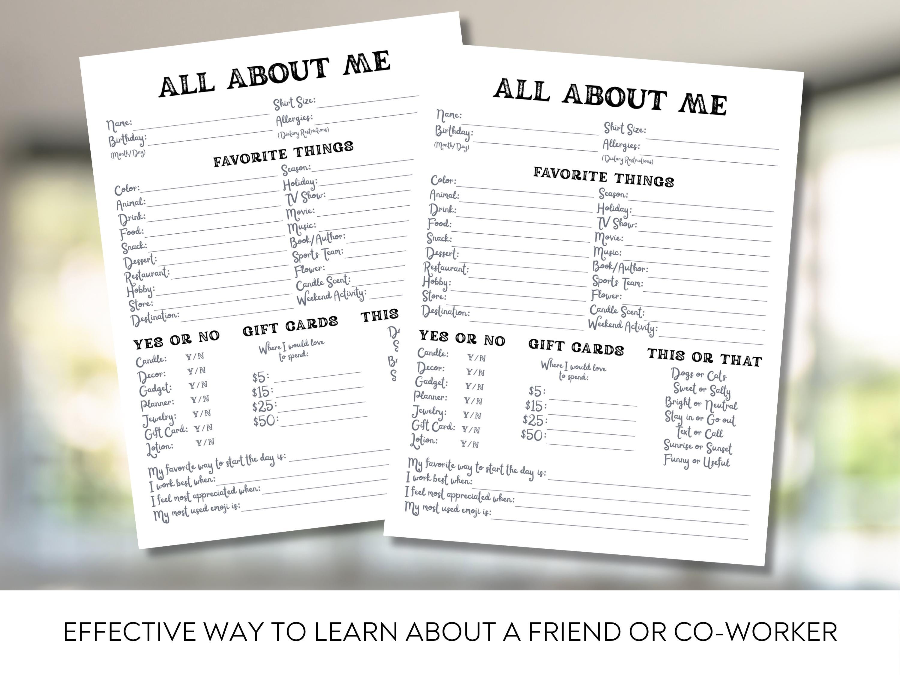 Favorite Things List All About Me Printable Survey Employee Favorites ...