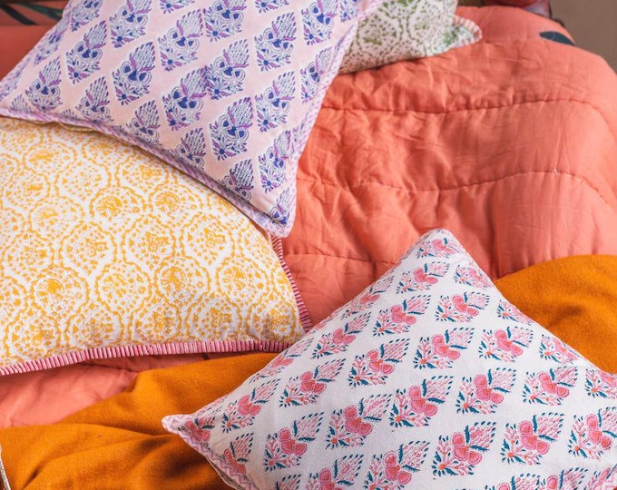 Blue Block Print Floral Pillow Cover, Designer Block Print Throw ...