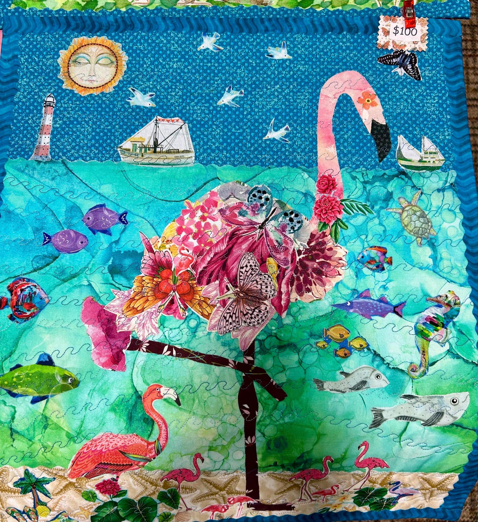 Flamingo Quilted Fabric Collage Wall Hanging Finished 19x23 Inches One ...