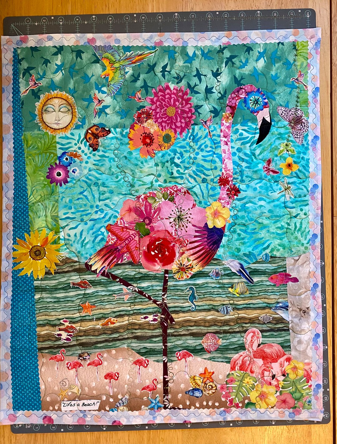 Flamingo Quilted Fabric Collage Wall Hanging Finished 19x23 Inches One ...