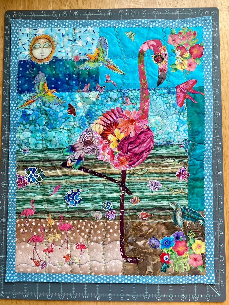 Flamingo Quilted Fabric Collage Wall Hanging Finished 19x23 Inches One ...