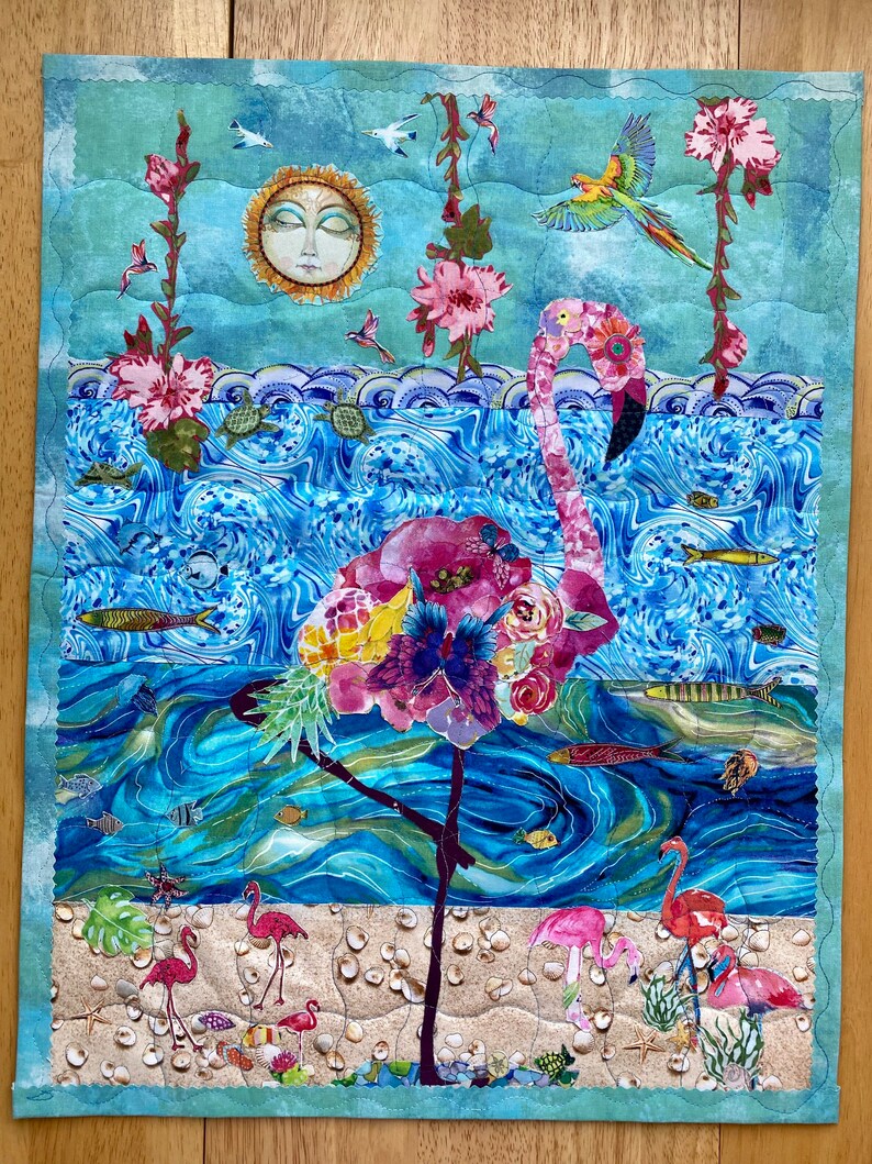 Flamingo Quilted Fabric Collage Wall Hanging Finished 19x23 Inches One ...