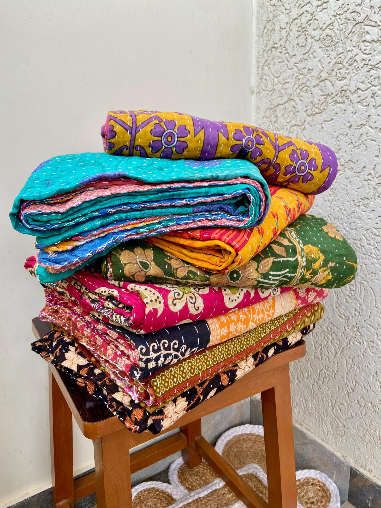 Handmade Vintage Kantha Quilts Reversible Cotton Throws Blankets Boho ...