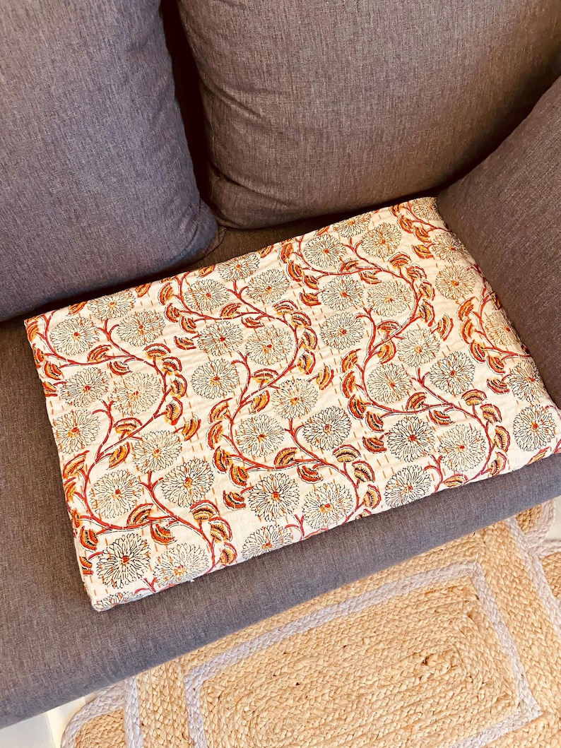 Marigold Floral Kantha Quilt Hand Block Printed Indian Reversible Boho ...