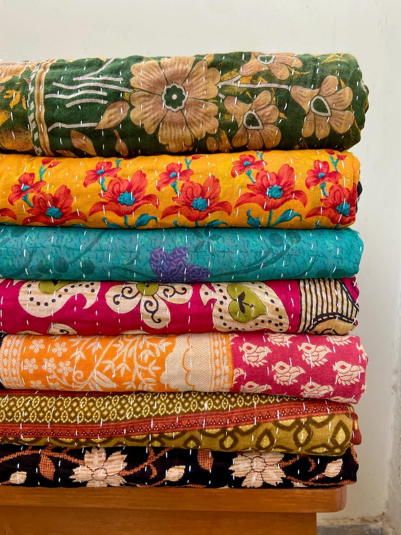 Handmade Vintage Kantha Quilts Reversible Cotton Throws Blankets Boho ...