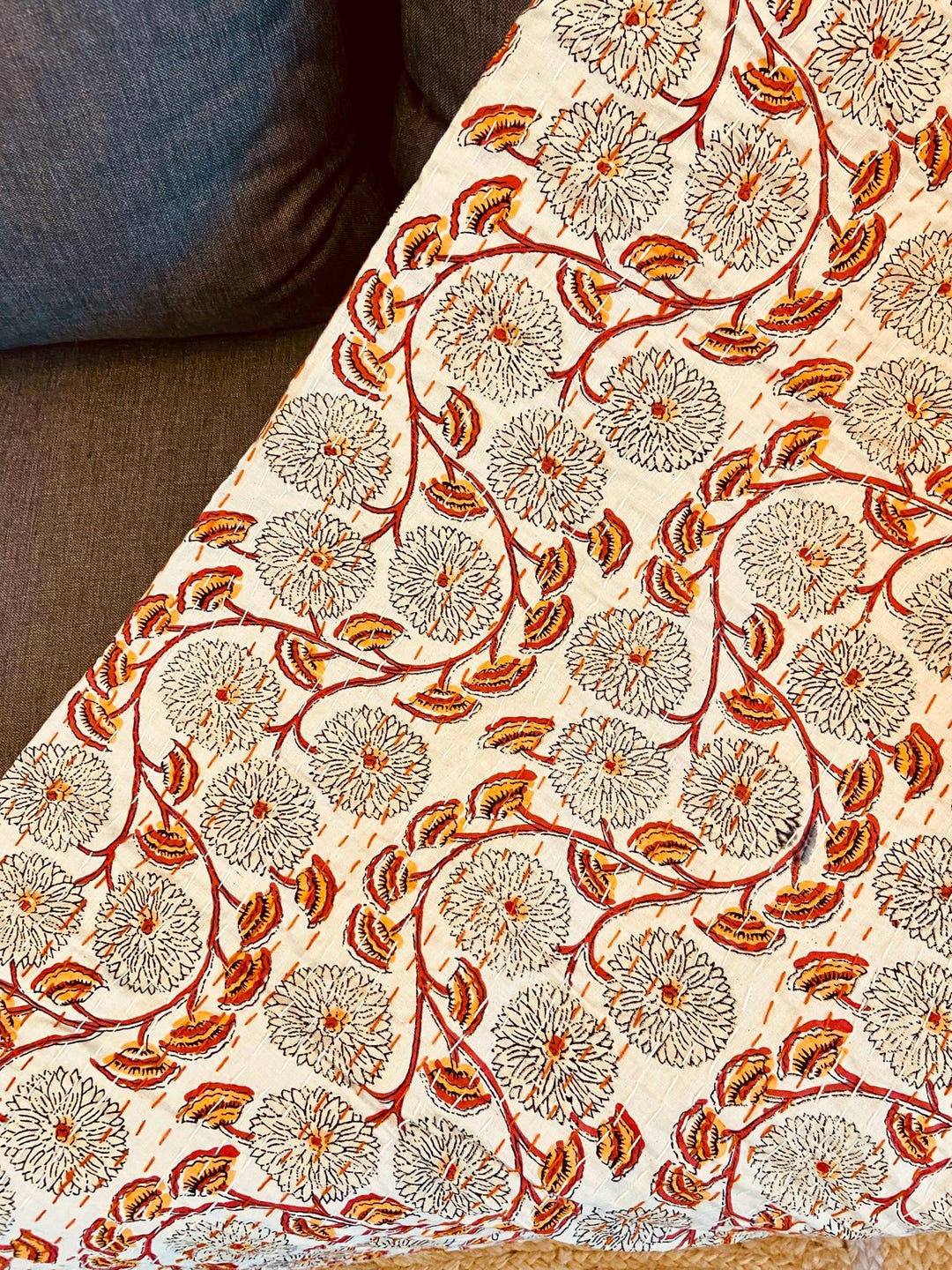 Marigold Floral Kantha Quilt Hand Block Printed Indian Reversible Boho ...