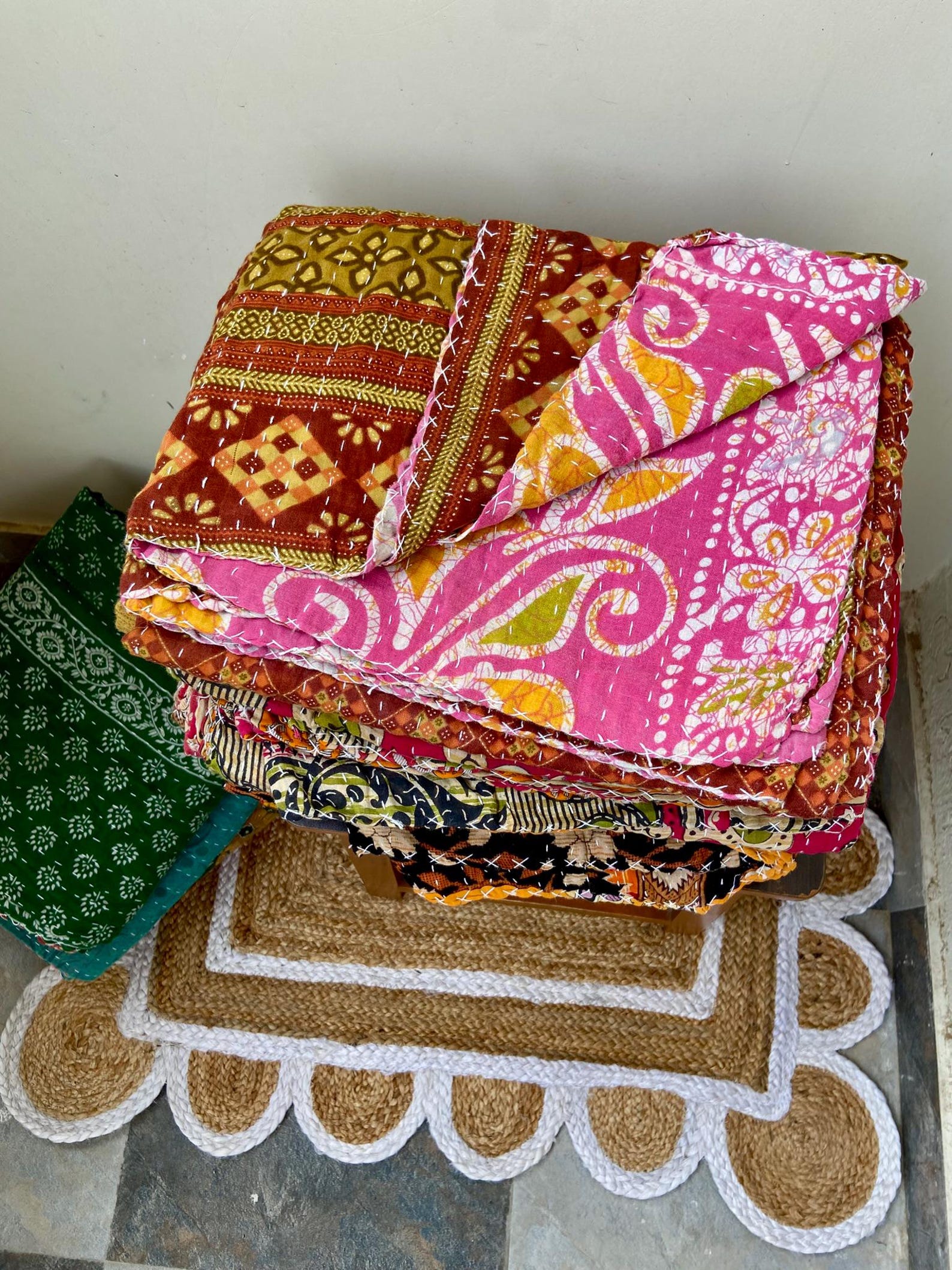 Handmade Vintage Kantha Quilts Reversible Cotton Throws Blankets Boho ...