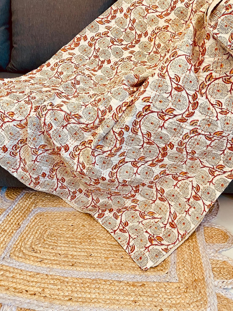 Marigold Floral Kantha Quilt Hand Block Printed Indian Reversible Boho ...
