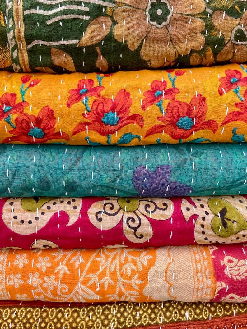 Handmade Vintage Kantha Quilts Reversible Cotton Throws Blankets Boho ...
