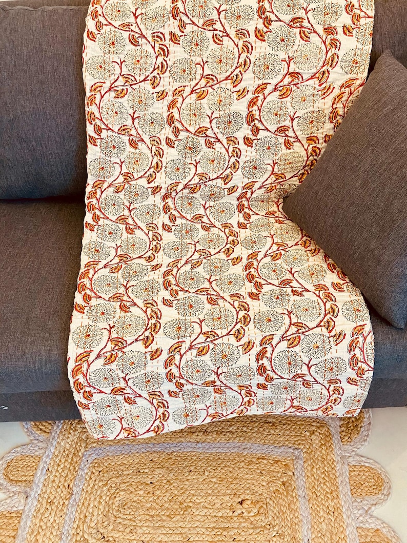 Marigold Floral Kantha Quilt Hand Block Printed Indian Reversible Boho ...