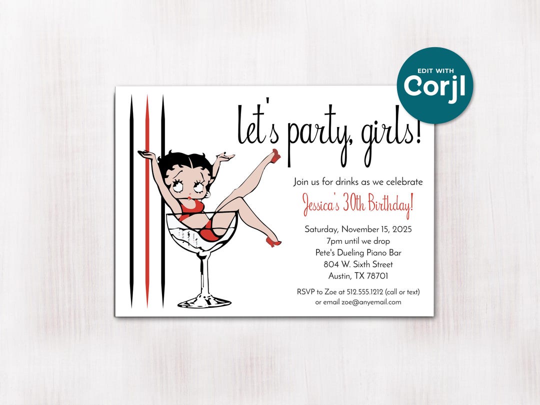 Editable Champagne Betty Boop | Birthday Party Invitation | Instant ...
