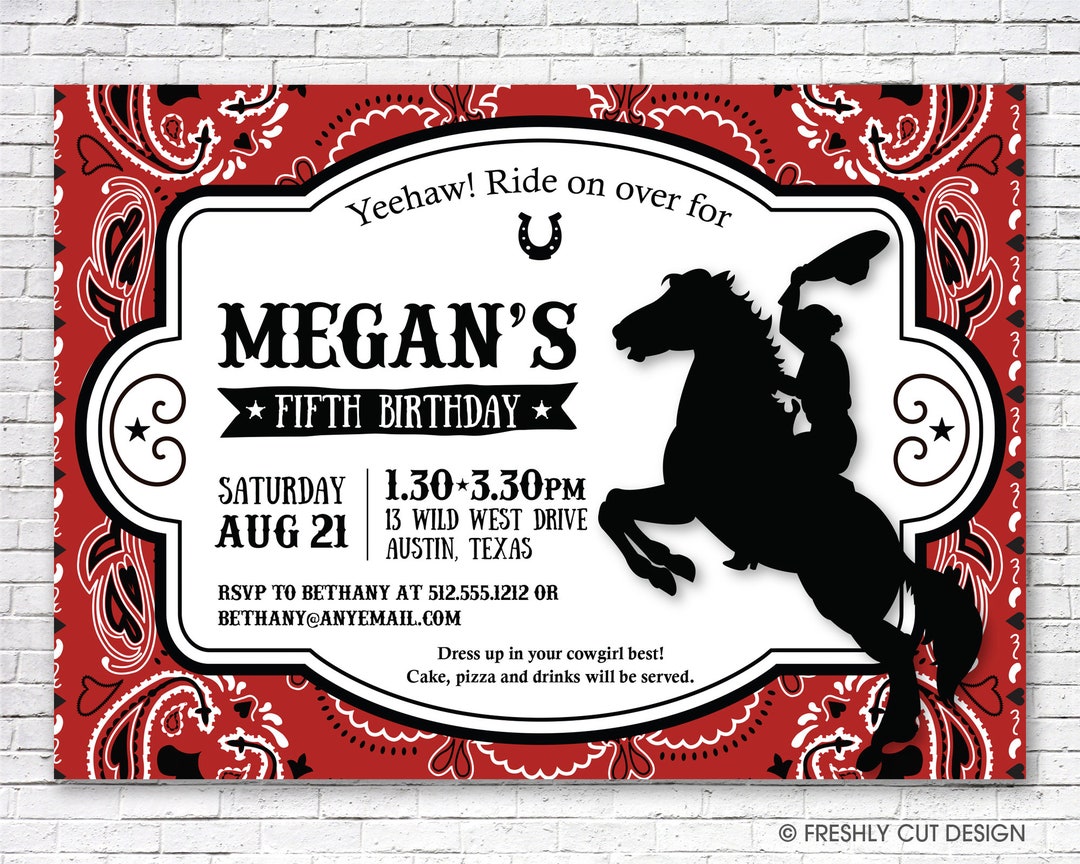 Bandana Cowgirl Invitation *choose Your Color* - Printable or Printed ...