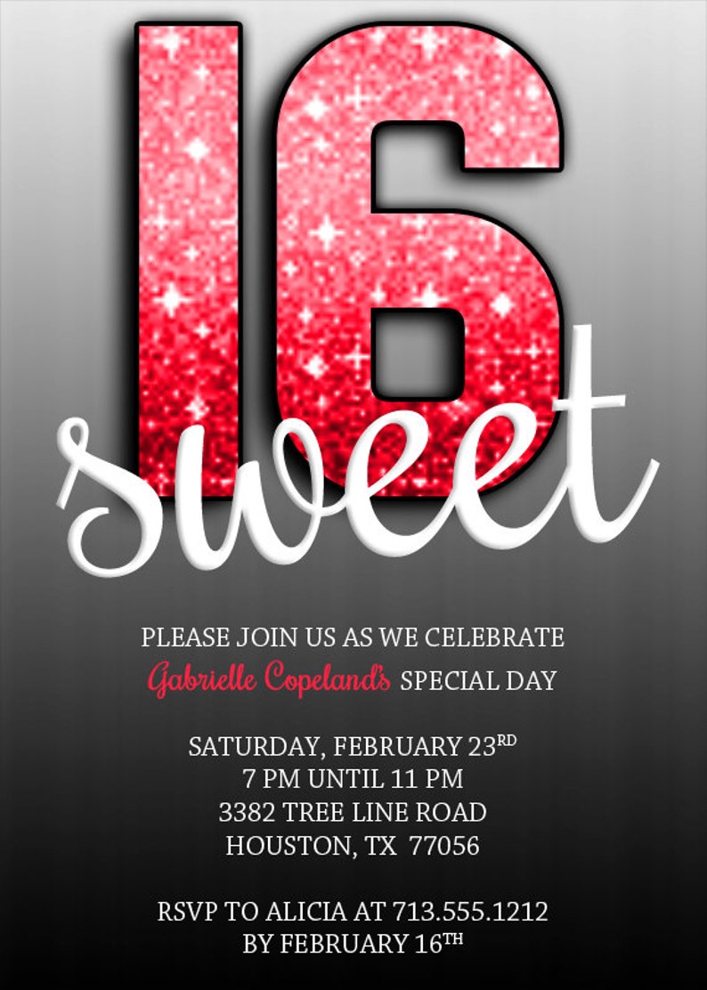 Glittery Sweet 16 on Black and White Printable or Printed | Etsy
