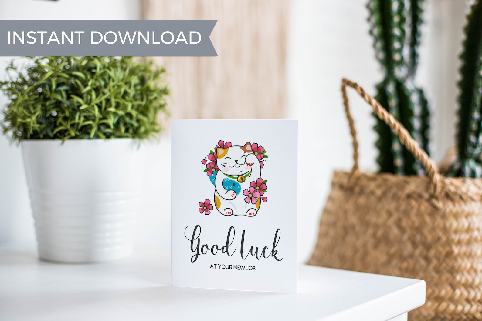 Lucky Cat Printable Good Luck Card Instant Download - Etsy
