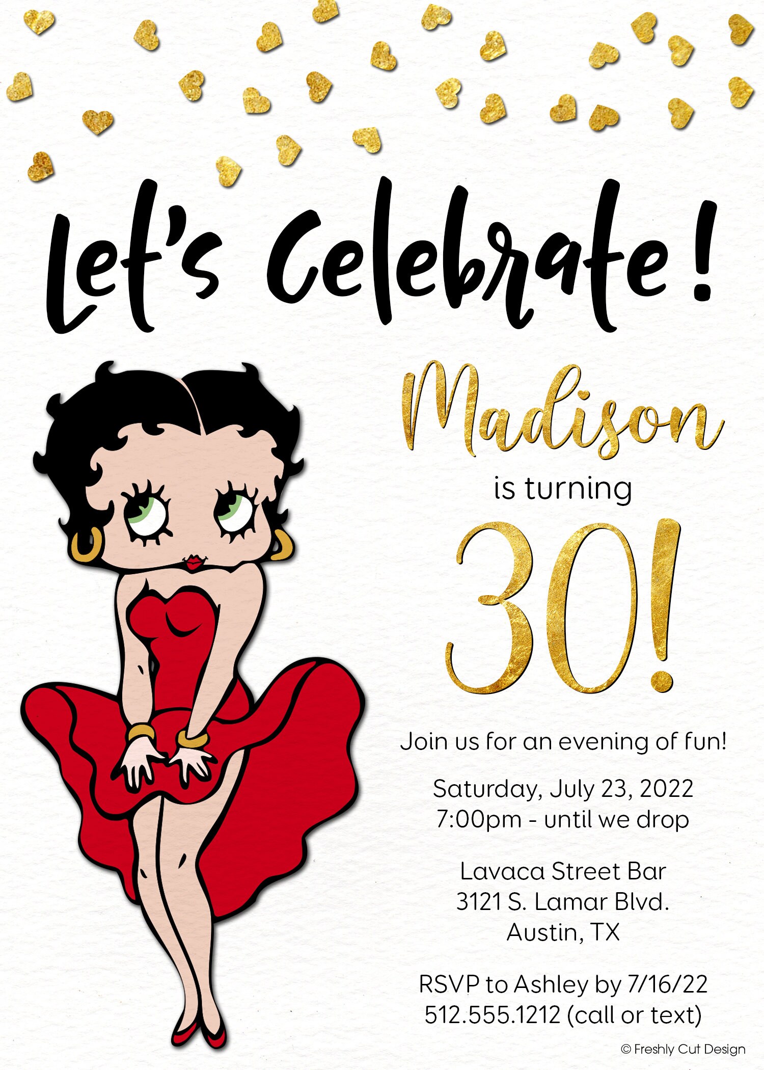 Gold Sparkle Betty Boop Birthday Invitation Printable or Printed w ...