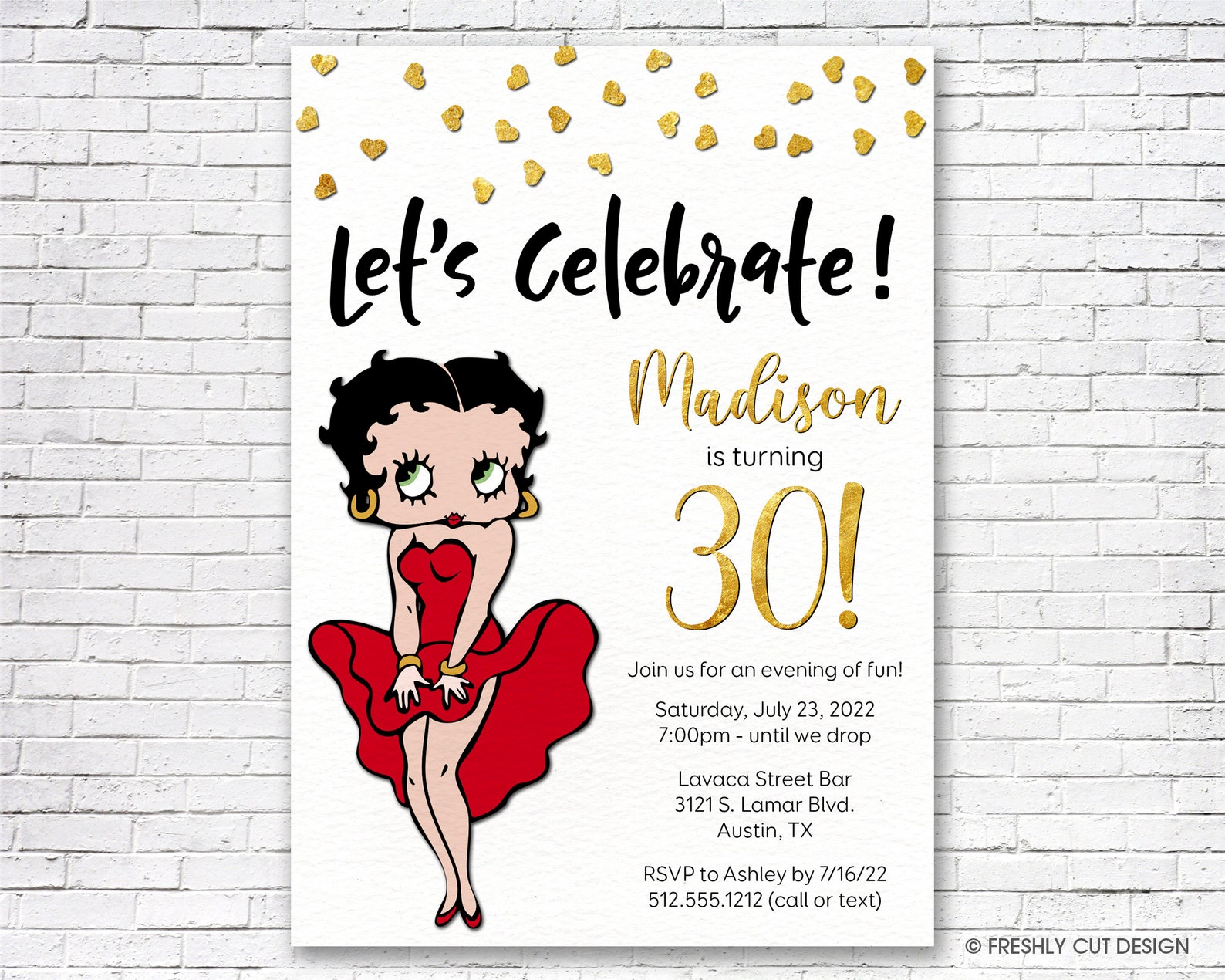 Gold Sparkle Betty Boop Birthday Invitation Printable or Printed w ...
