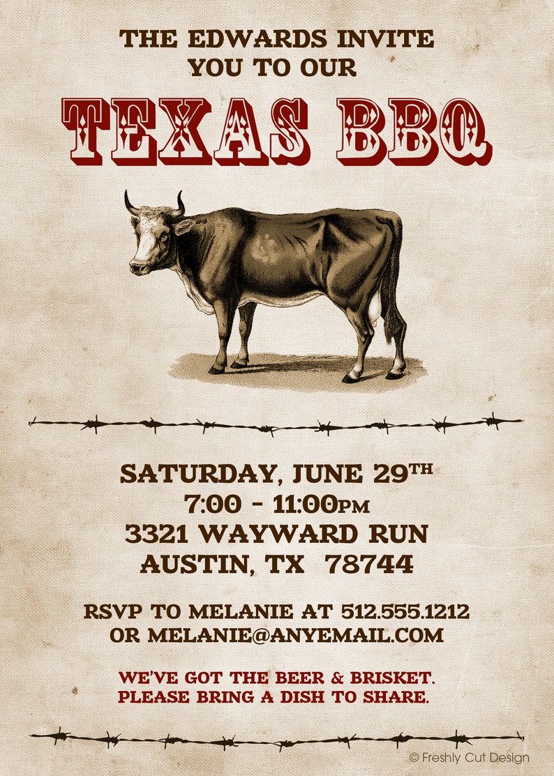 Vintage Texas BBQ Invitation - Printable or Printed (w/ FREE Envelopes ...
