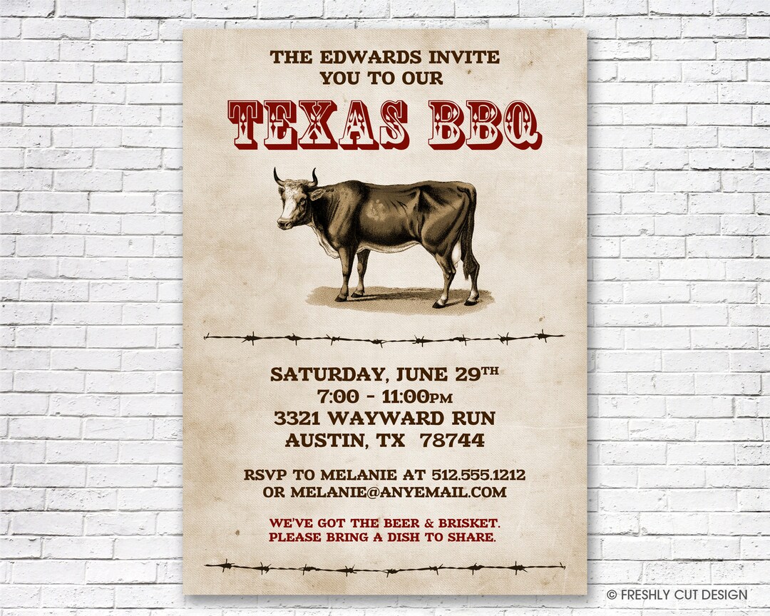 Vintage Texas BBQ Invitation - Printable or Printed (w/ FREE Envelopes ...