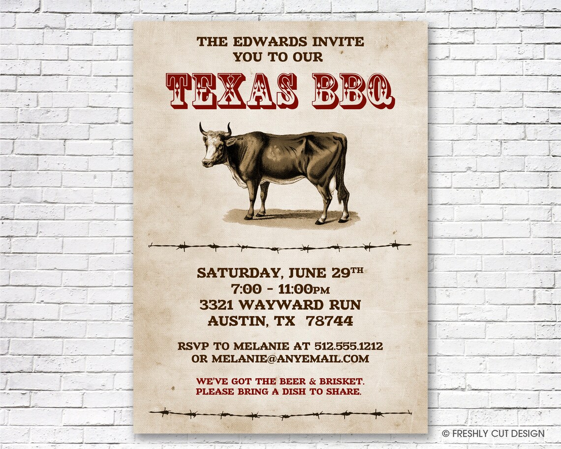 Vintage Texas BBQ Invitation Printable or Printed w/ FREE Envelopes - Etsy