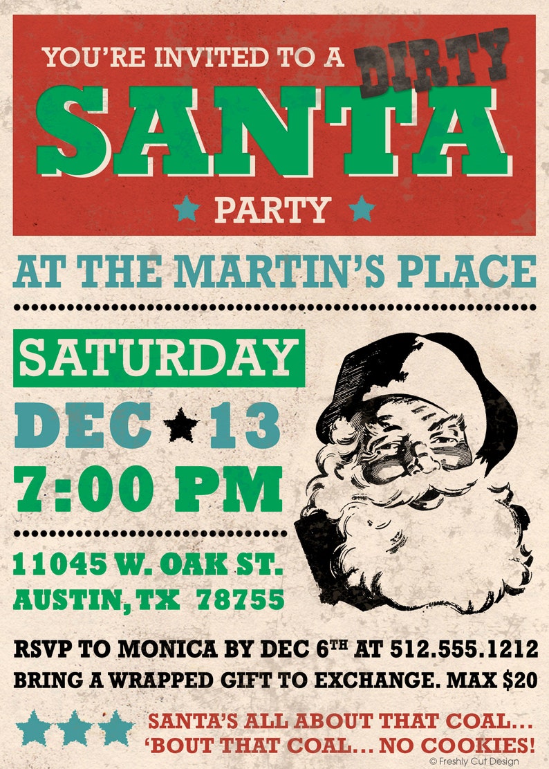 Vintage Dirty Santa Party Invitation - Printable or Printed (w/ FREE ...
