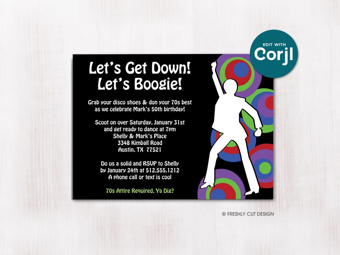 Editable Groovy Get Down & Boogie Birthday Party Invitation | Instant ...