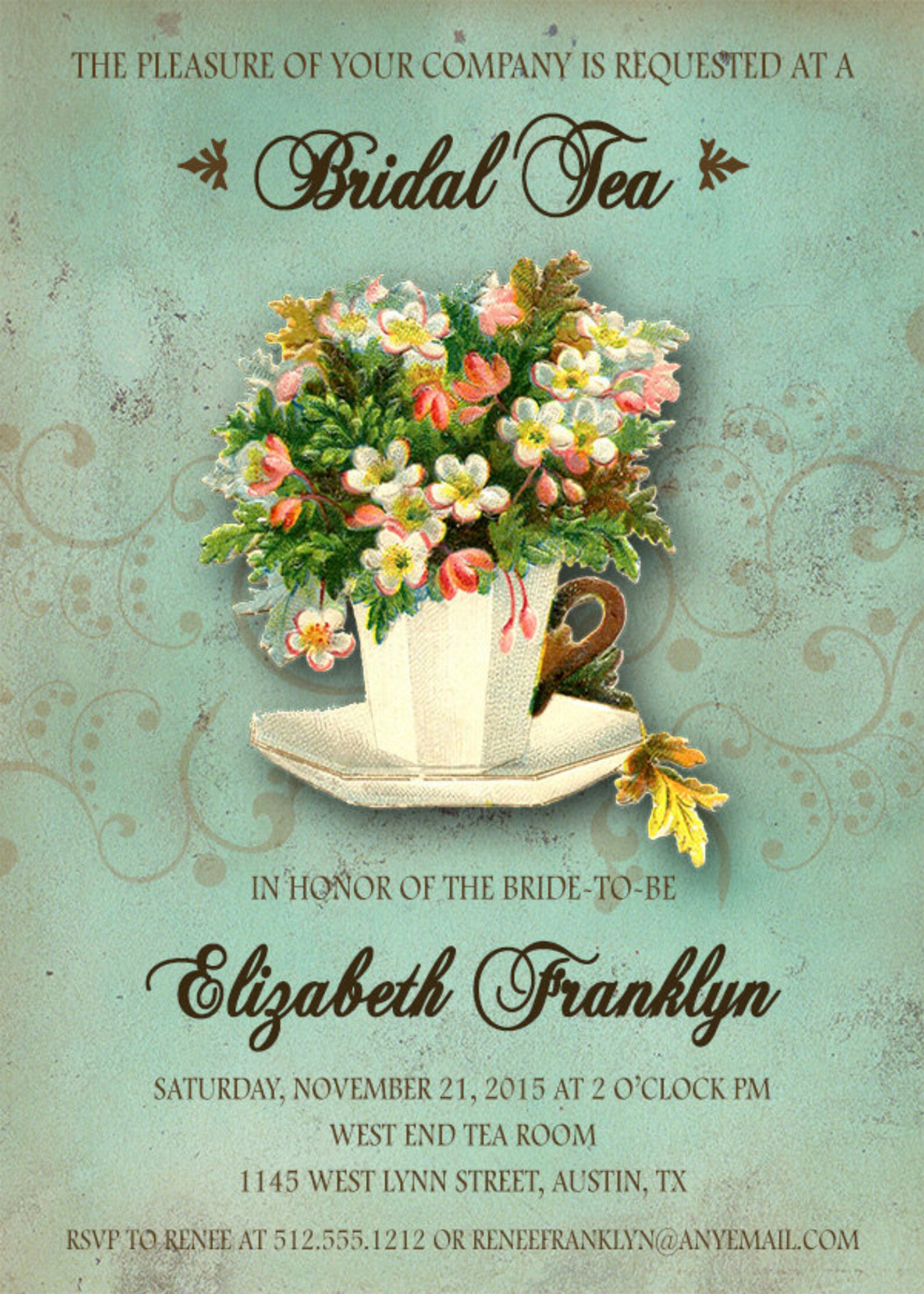 Vintage Teal Bridal Tea Party Invitation Printable or | Etsy