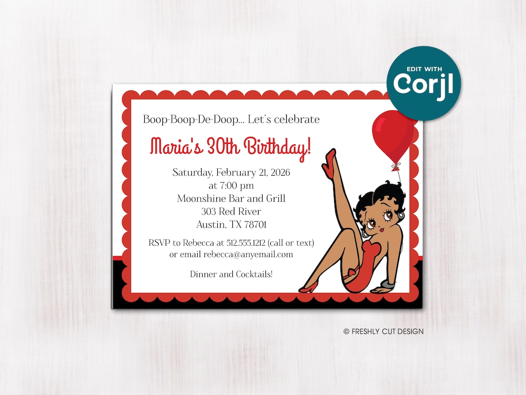Editable Latina Print Betty Boop | Birthday Party Invitation | Instant ...