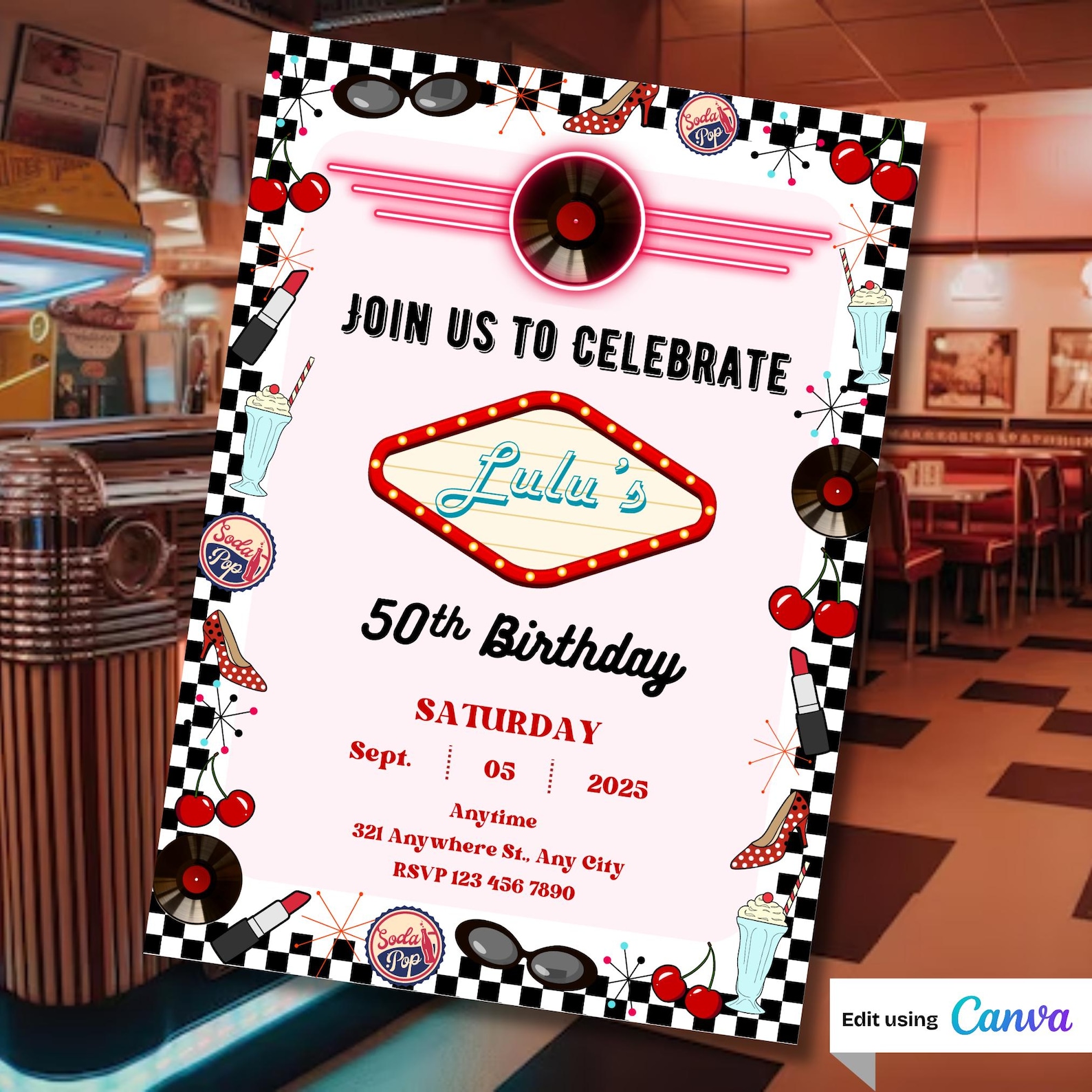 1950s 50th Birthday Invitation | Retro Invitation Digital Printable ...