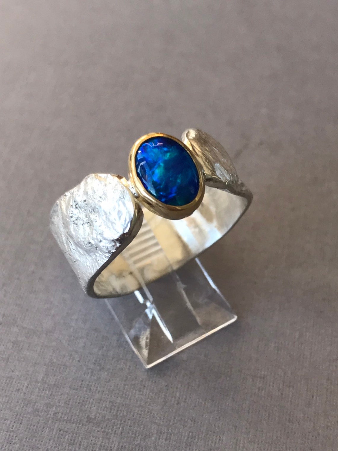 Blue lightning ridge opal doublet ring | Etsy