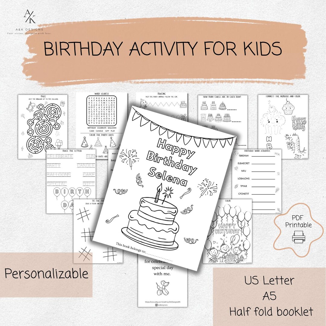 Personalized Kids Birthday Activity Book: Coloring, Maze, Word Games ...