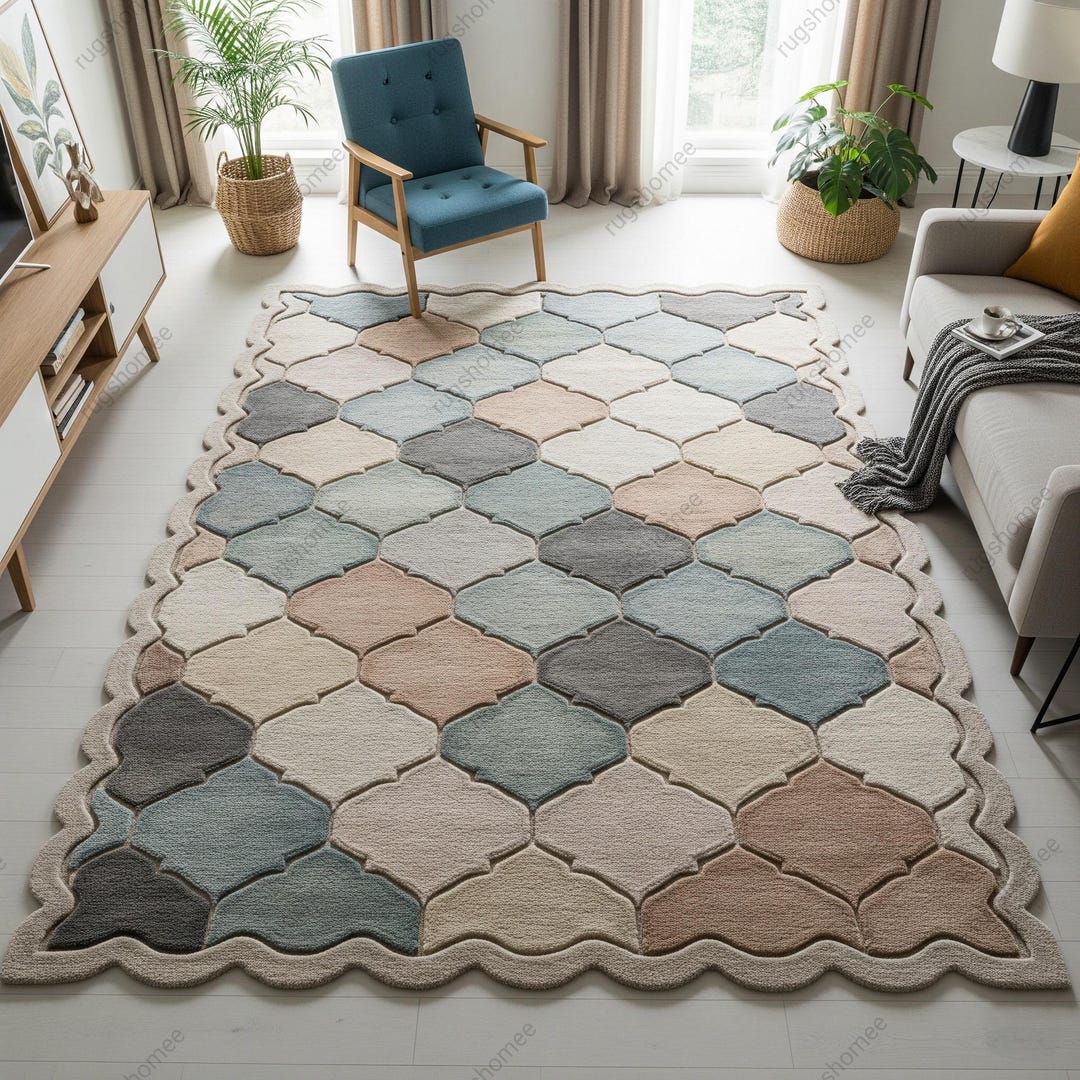 Multicolored Trellis Pattern Hand Tufted Scallop Edge Wool Area Rugs ...