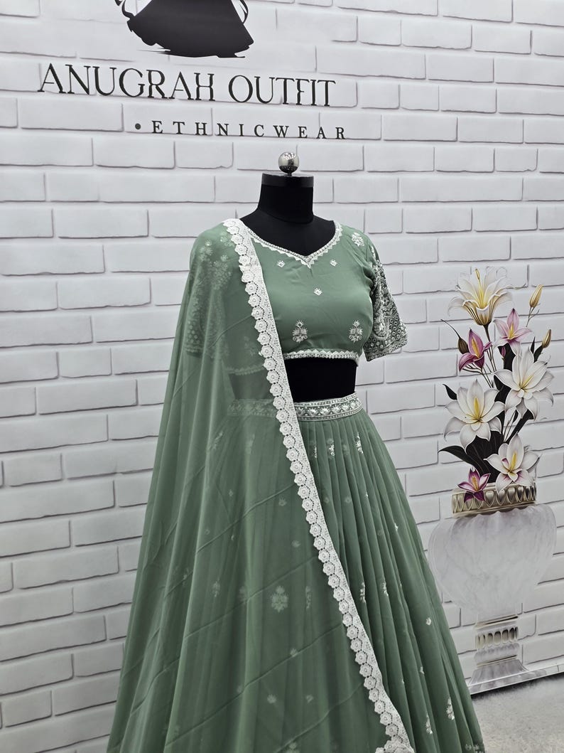 Pista Green Faux Georgette Lehenga Choli, Thread Sequence Work, Indian ...