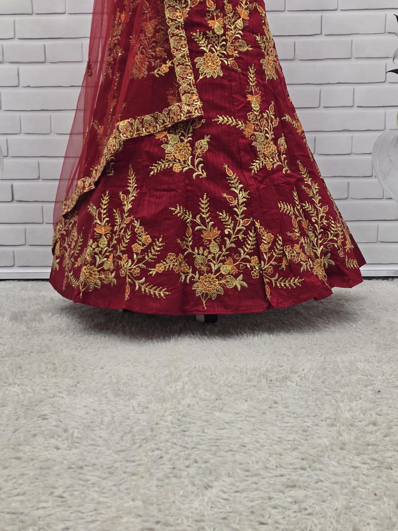 Red Cotton Silk Lehenga Choli | Gold Zari Embroidery, Net Dupatta ...