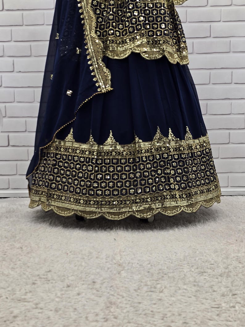 Navy Blue Georgette Lehenga Set, Heavy Embroidery Sequence Work, Indian ...