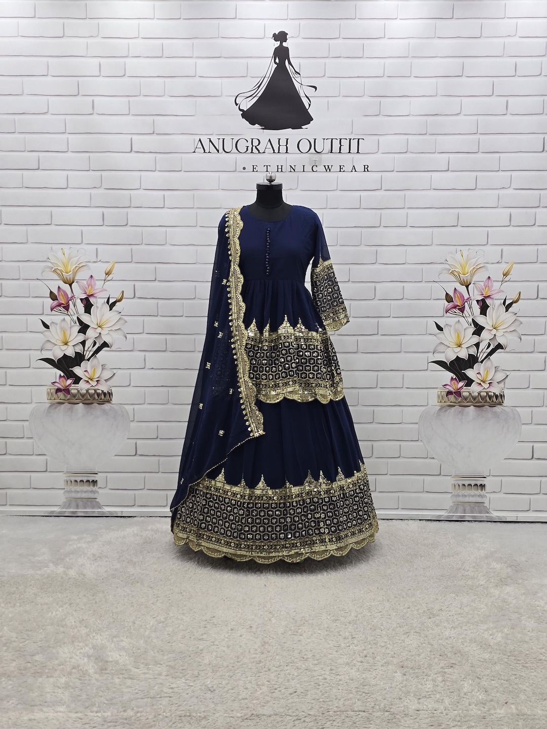 Navy Blue Georgette Lehenga Set, Heavy Embroidery Sequence Work, Indian ...