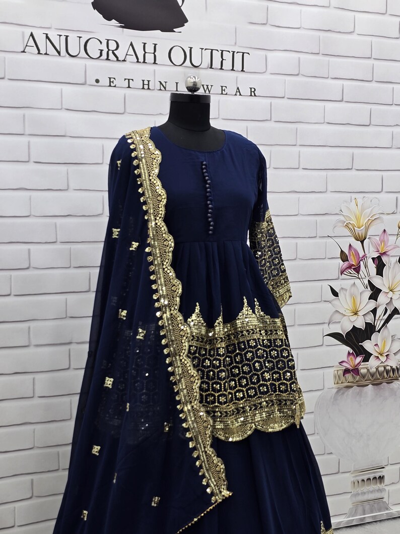 Navy Blue Georgette Lehenga Set, Heavy Embroidery Sequence Work, Indian ...