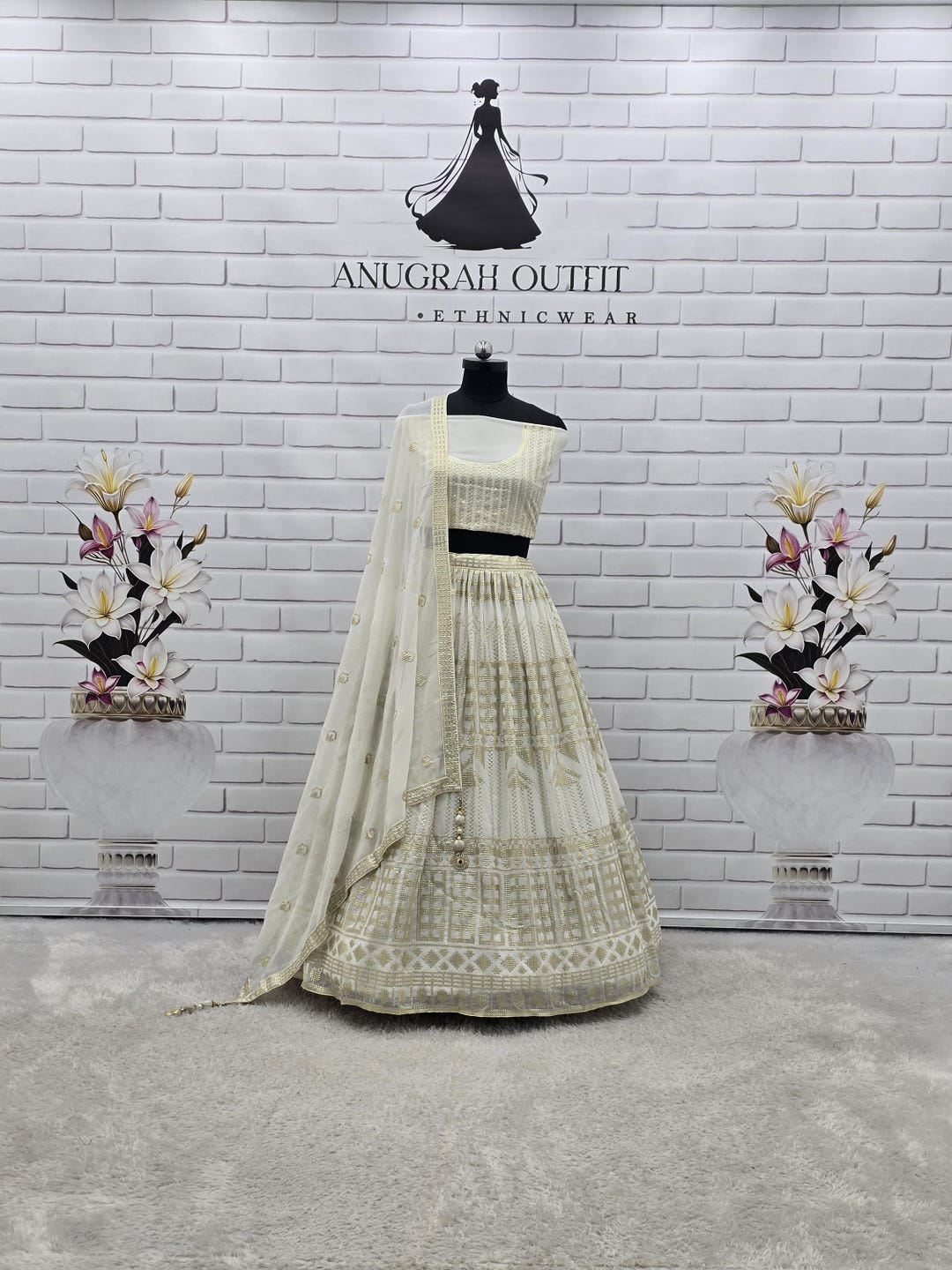 Georgette Embroidered Lehenga Choli, Indian Bridal White Lengha ...